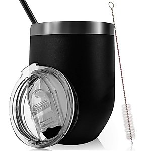 Lilly Bug 2 Pack Stainless Steel Wine Tumbler, 12oz with Lid, Straw and Cleaning Brush, Double Wall Vacuum Insulated Wine Glass