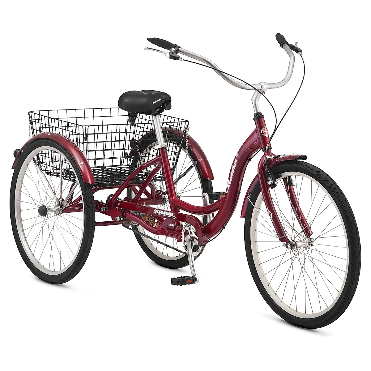 Schwinn Meridian Adult Tricycle Bike, Mens and Womens Three Wheel Beach Cruiser, 26-Inch Wheels, Low Step-Through Frame, Wide Seat, Rear Folding Basket, 1-Speed, Maroon