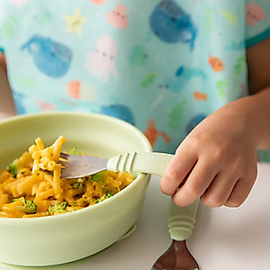 Bumkins Toddler Utensils, Kids Size Fork and Spoon Set, Silicone and Stainless-Steel Training Silverware, Angled Forks / Sporks for Self-Feeding, Children Hold Learning to Eat, 18 Mos Up, Sage Green