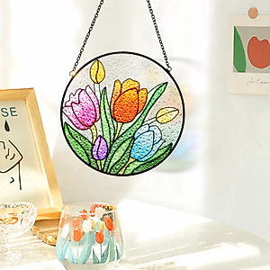 Tuitessine Tulip Suncatcher Stained Glass Window Hanging Panels, 6.3''x6.3'' Round Handmade Hanging Ornament with Chain, Garden Patio Wall Decor Flower Gift for Mom Teachers Friends