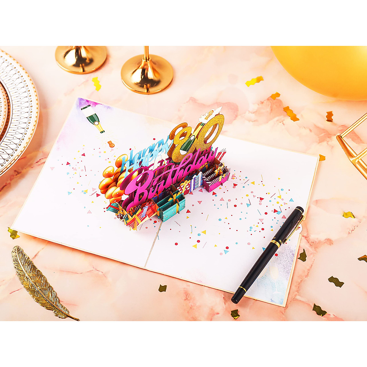 Liif Happy 80th Birthday Pop Up Card, 80th Birthday Card For Women, Men, Mom, Dad | With Message Note & Envelop | Size 8 X 6 Inch