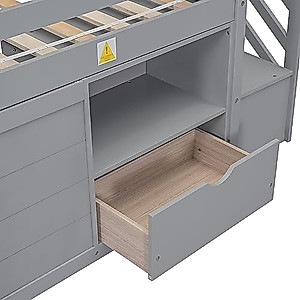 Lakifun Twin Size Low loft Bed,Loft Bed with Storage,Modern Farmhouse Twin loft Bed for Kids,Wood Twin Low Loft Bed with Game House and Drawers, Bookshelf Staircase,Gray