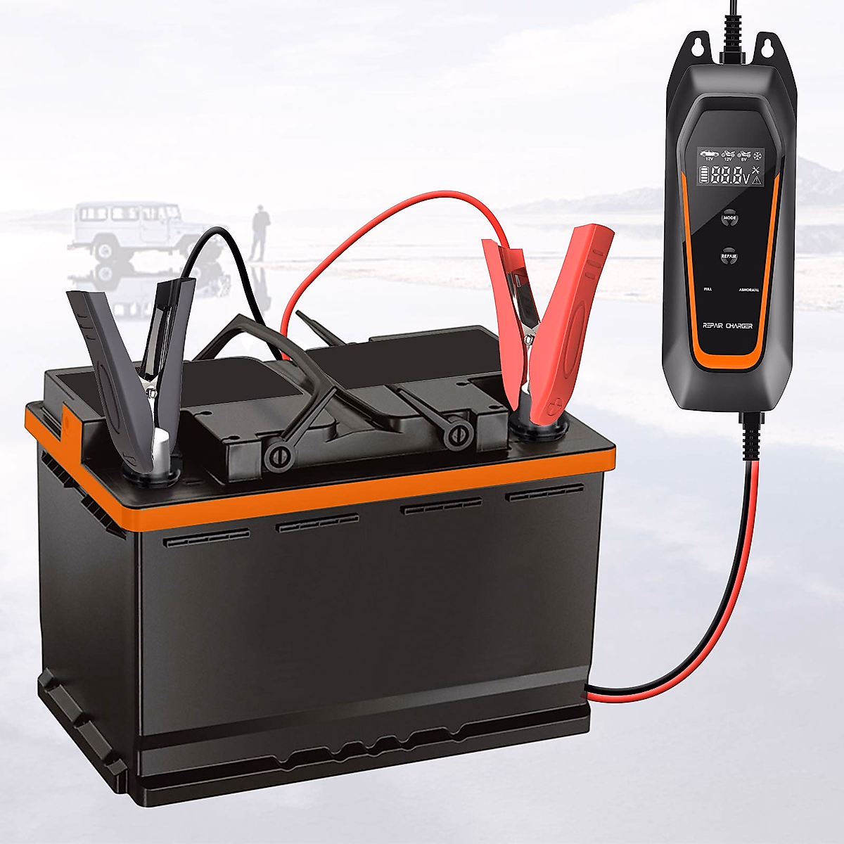 BMK Battery Charger 2/4A Smart Portable Battery Maintainer with Detachable Alligator Rings Clips Fast Charging Trickle Charger for Boat Car Motorcycle Lawn Mower RV SUV