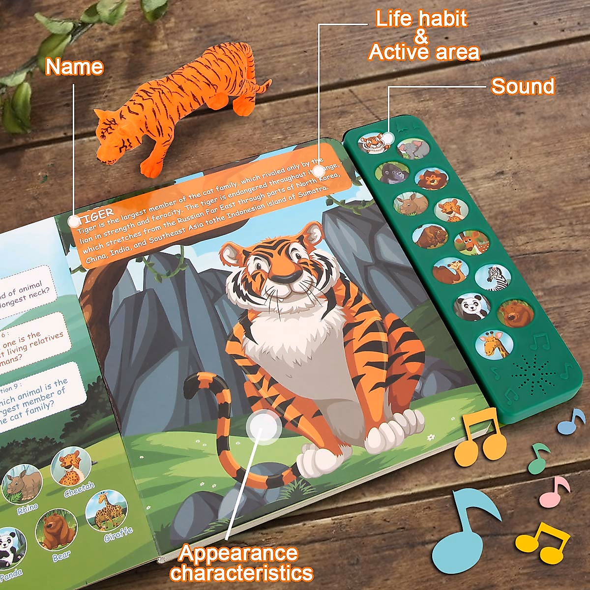 Tudoccy Safari Animals Figures Toys - 13 Realistic Wild Plastic Animal Figurines & Kids Sound Book - Educational Learning Toys Gift for 3 Years Old & Up Boys Girls Toddlers