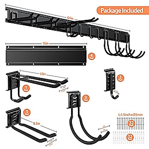 14 PCS Tool Storage Rack, 64 Inches Adjustable Garage Tool Organizer Wall Mounted Storage System with 10 Hooks, Super Heavy Duty Steel Garden Tool Organizer Wall Holders