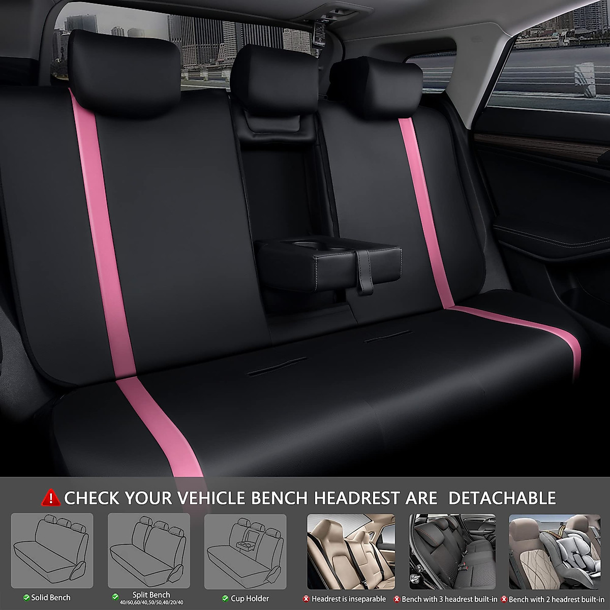 CAR PASS Black Pink Leather Car Seat Covers Full Set, Waterproof Durable Faux Leather Seat Covers 5 Seats Cushion Protector, Rear with Zipper, Airbag Fit for Women SUV Pick UpTruck Sedan Vehicle Auto