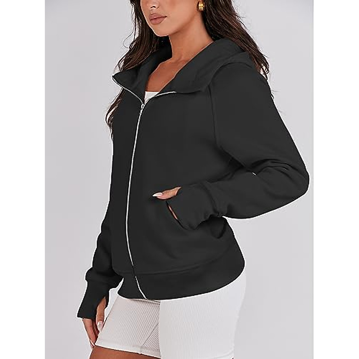 ANRABESS Women's Hoodies 2023 Fall Jacket Cropped Hooded Sweater Casual Long Sleeve Sweatshirts Full Zip Up Trendy Clothes Teen Girl Y2K Winter Cute Tops 1128heise-M Black