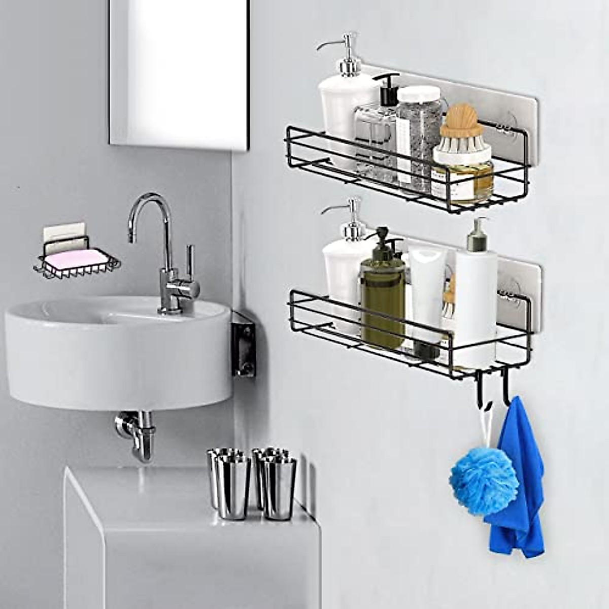 4-Pack Shower Caddy, No Drilling Adhesive Shower Shelf, Rustproof Stainless Steel Bathroom Shower Organizer Storage, Shower Shelf for Inside Shower & Kitchen Storage, Black