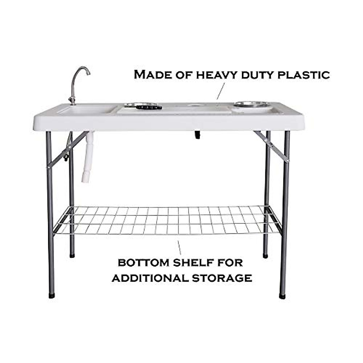 Old Cedar Outfitters Deluxe Fish Fillet Table, or Portable Folding Camping Kitchen with Cutting Board, Bowls, Knife, Odor Bar, Sink, Drain and More! 49.8" x 25.6" x 37.2", White,Camp