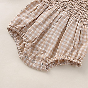 MERSARIPHY Newborn Baby Girl Summer Clothes Cotton Linen Bodysuit Romper Floral Pleated Tops with Headband (3-6 Months, Plaid)