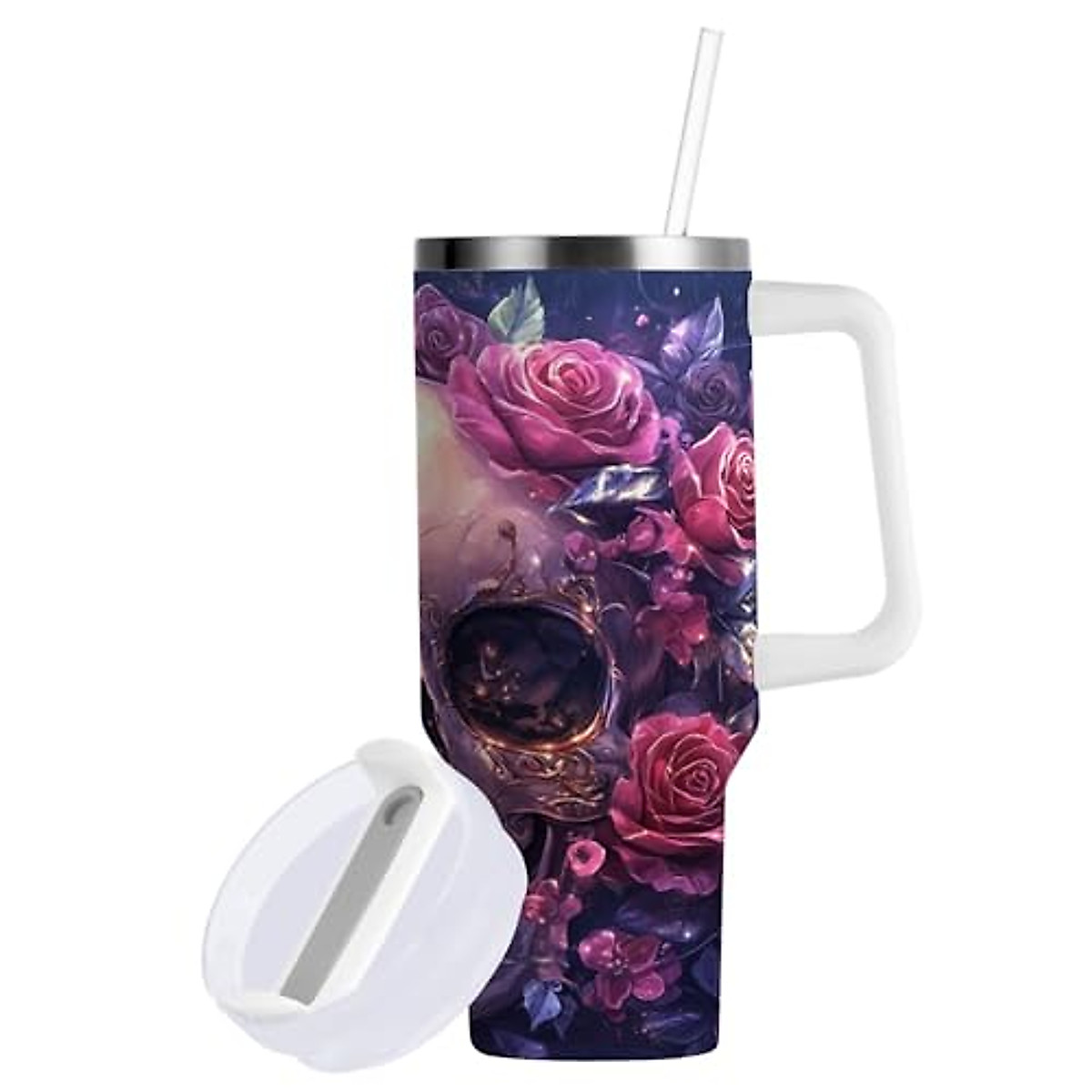 Slewiaeky Tumbler with Handle 40 oz Kawaii Goth Skull Rose Travel Mug with Lid and Straw Stainless Steel Vacuum Insulated Water Bottle Cup for Iced Tea Coffee Cold Beverages Cup Holder Friendly