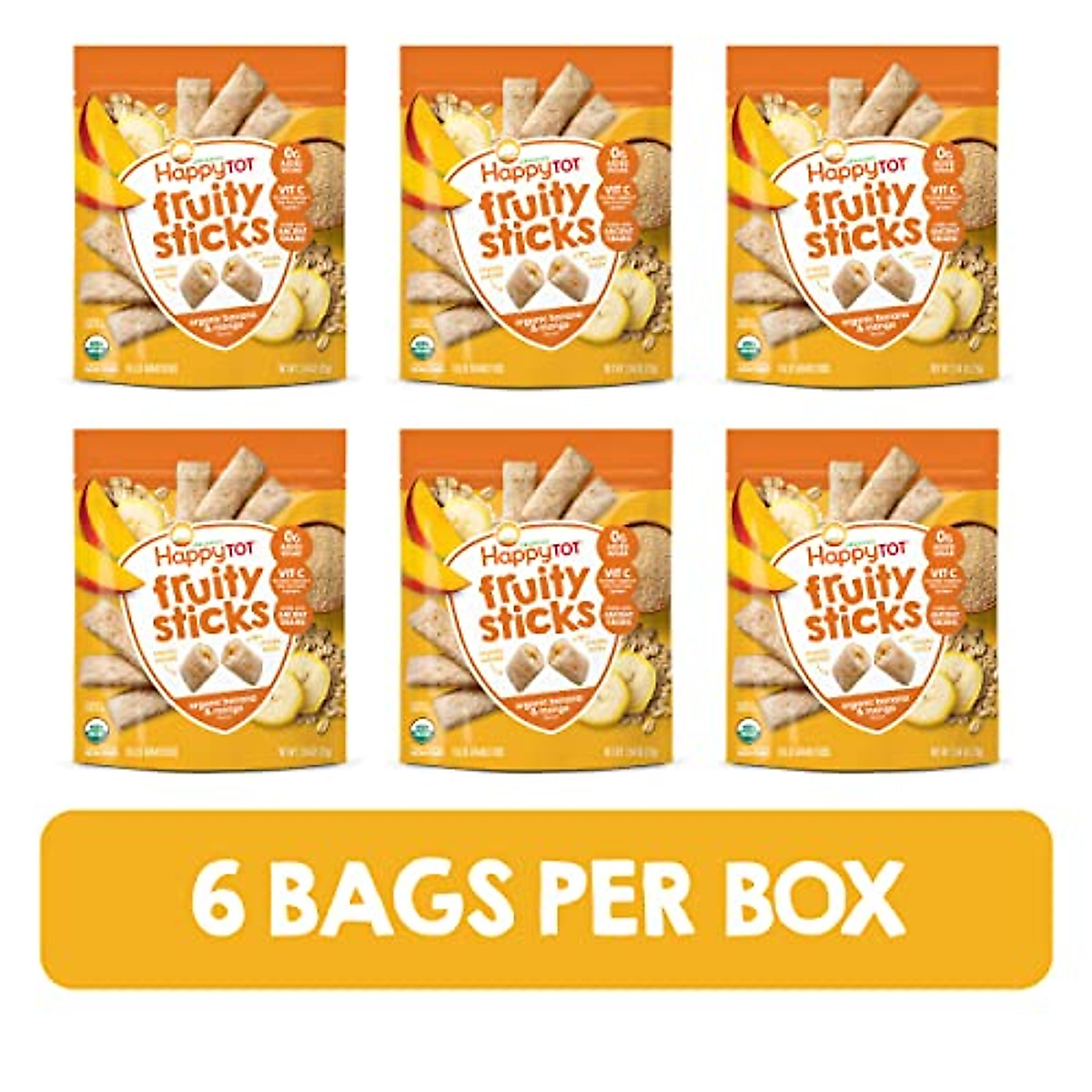 HAPPYTOT Organics Fruity Sticks, Oat & Fruit Filled Grain Sticks, Banana & Mango, Organic Toddler Snack, 2.5 Ounce Bag (Pack of 6)