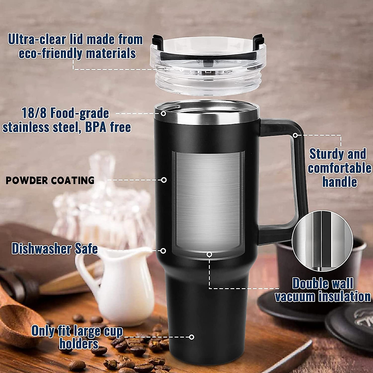 FAMKX 40oz Insulated Travel Mug Tumbler With Handle And Straw,Stainless Steel Double wall Vacuum Thermos Cup Keep Drink Cold and Hot (Black)