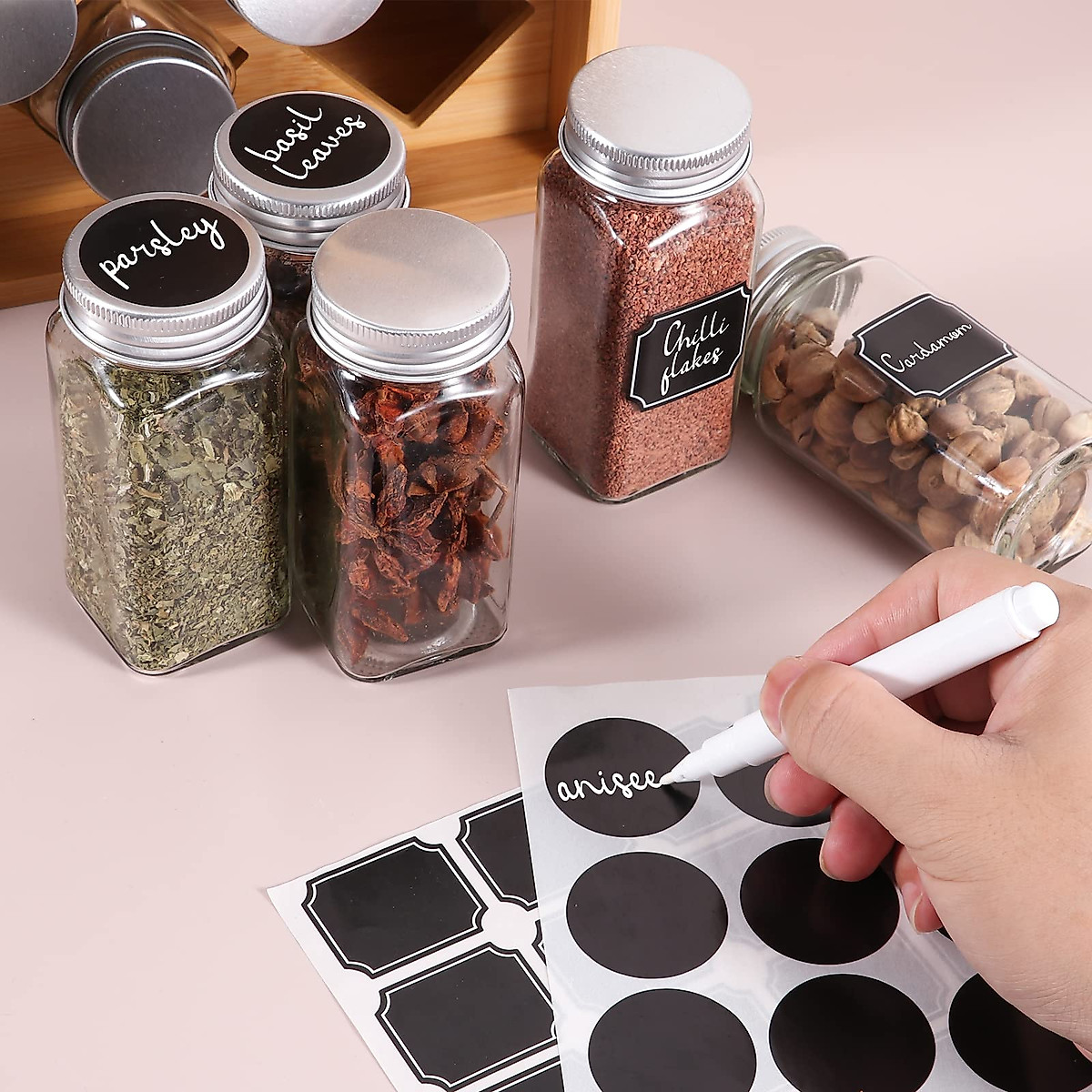 Bamboo Spice Rack Organizer,Seasoning Rack with 23 Pack 4 oz Empty Glass Spice Jars with Sliver Metal Caps. Include Pen, Brush, Funnel and 80 Labels.