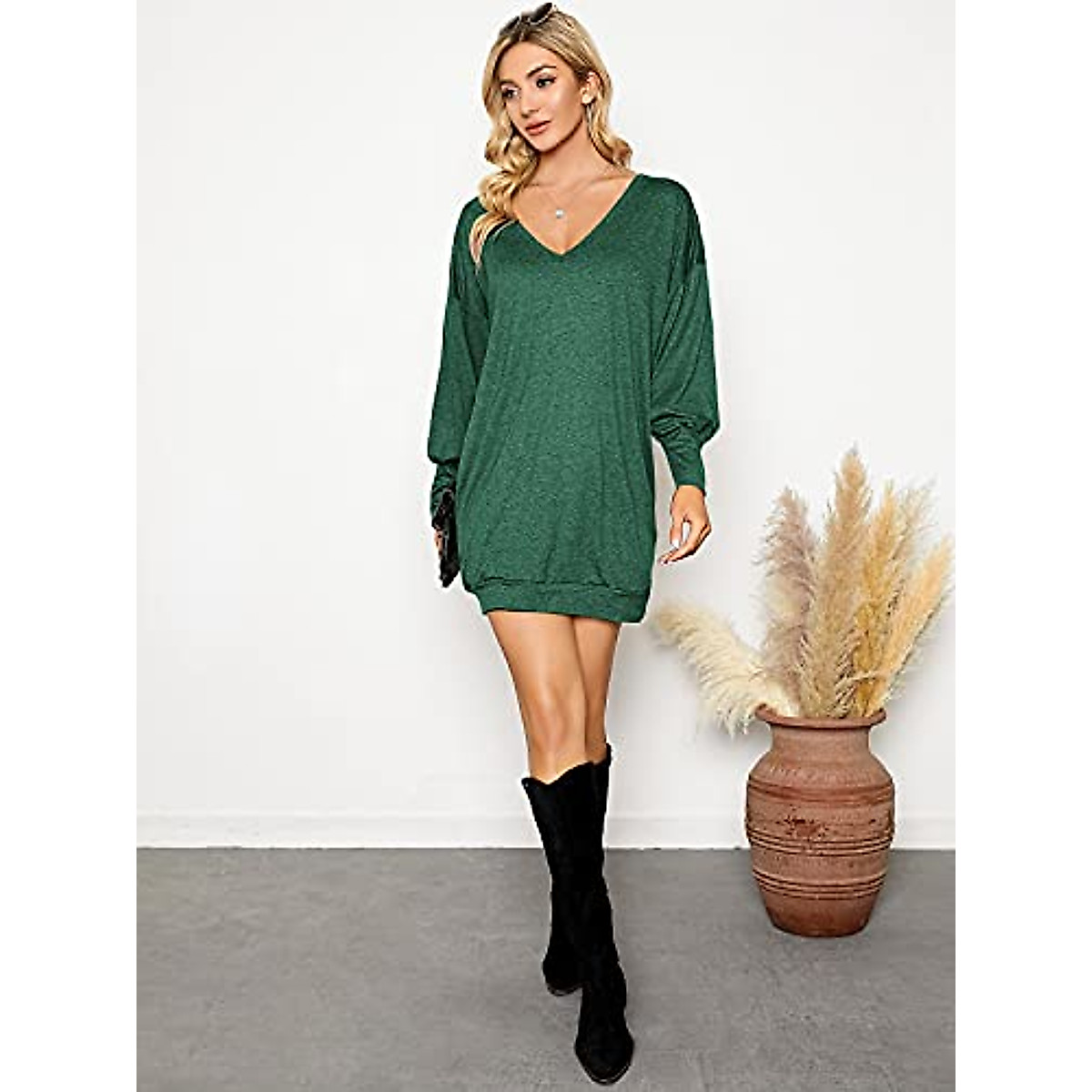 ZANZEA Women's V Neck Long Sleeve Casual Oversized Baggy Tops Loose Blouses Pullover Tunic Sweater Sweartshirt Dress Green X-Large