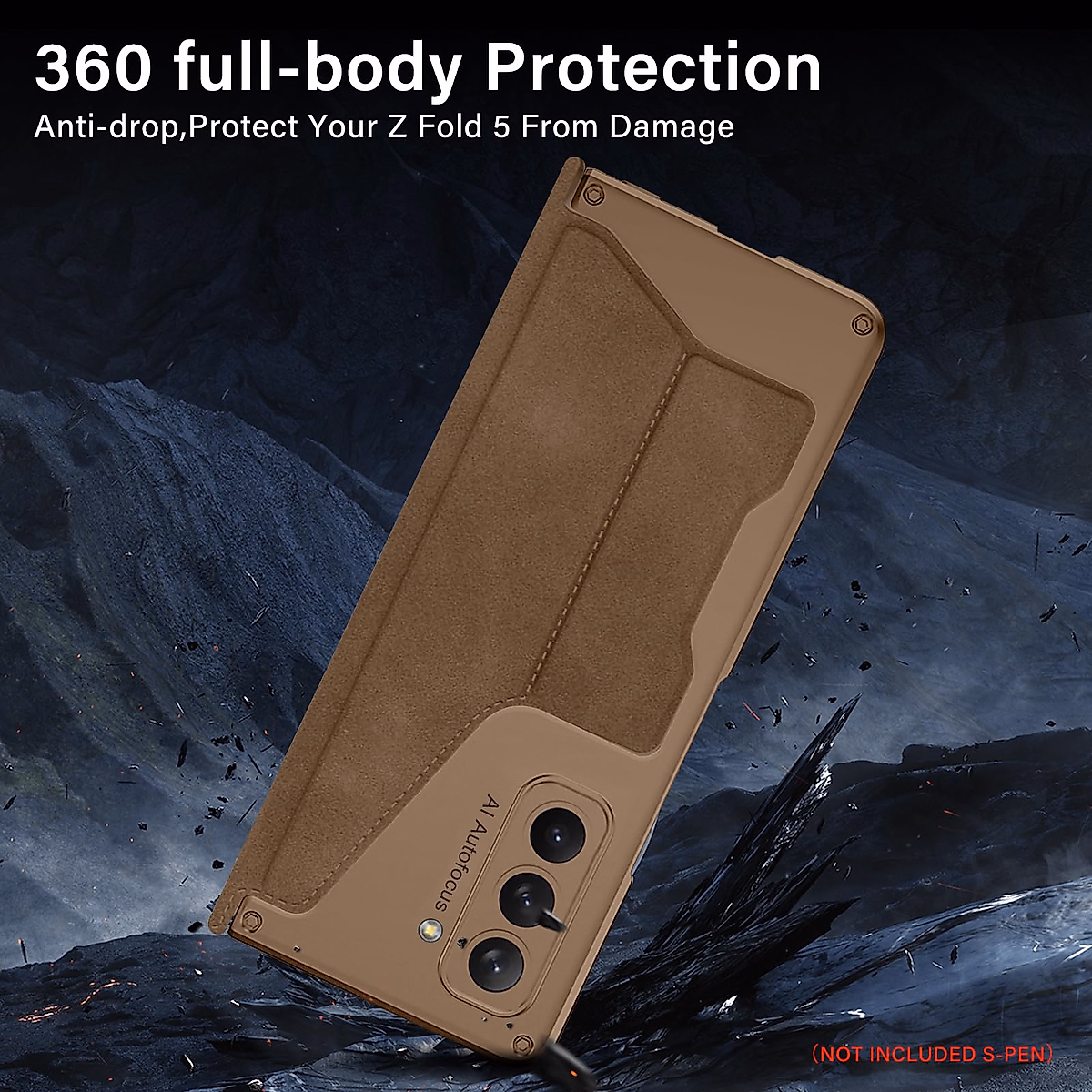 DEMCERT for Samsung Galaxy Z Fold 5 Case with [Fold5 Edition S-Pen Slot], Military Armor Cases Full Body Protective Anti-Scratch Hard Slim Leather Bracket Case with Screen Protector (Brown)