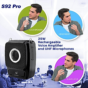W WINBRIDGE S92 Pro Portable PA System -25W Bluetooth Speaker with Dual Wireless Microphones, Wireless Voice Amplifier with Headset Mic and Handheld Mic for Presentations, Teaching, Karaoke