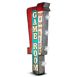 American Art Decor Vintage LED Marquee Wall Decor - Battery Operated Metal Wall Art With LED Light Bulbs - Retro Sign for Bar, Man Cave, Garage, Game Room & More (Game Room, 25" x 9" x 3")