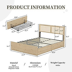 Yechen Queen Bed Frame with Natural Rattan Headboard and Wooden 4 Storage Drawers, Metal Platform with Strong Wooden Slats Support, Boho Cane Bed Mattress Foundation, No Box Spring Needed