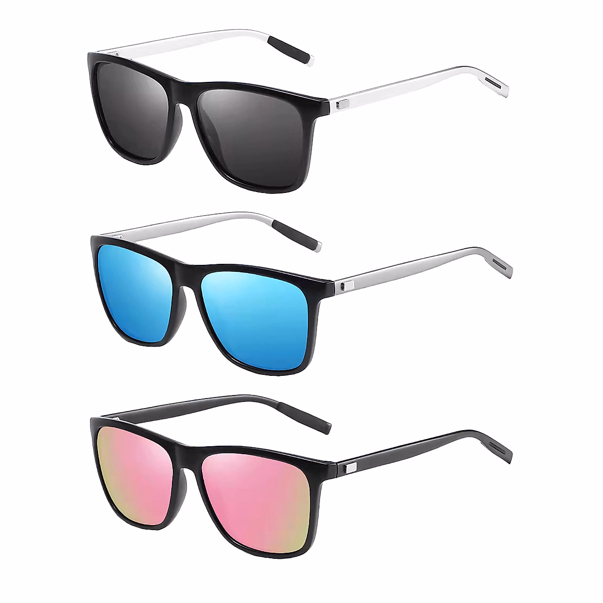 Men's and women's fashion square frame aluminum magnesium leg polarized sunglasses UV400 protection (L-A387 black+blue+pink)