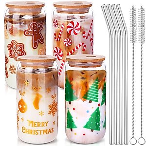 4Pcs Christmas Glass Cups, 16oz Christmas Mason Jars with Lid and Straw Christmas Tumbler Drinking Glasses Coffee Cups Jar Decor Glassware Water Bottles Xmas Home Decorations Gift for Kids Women Men