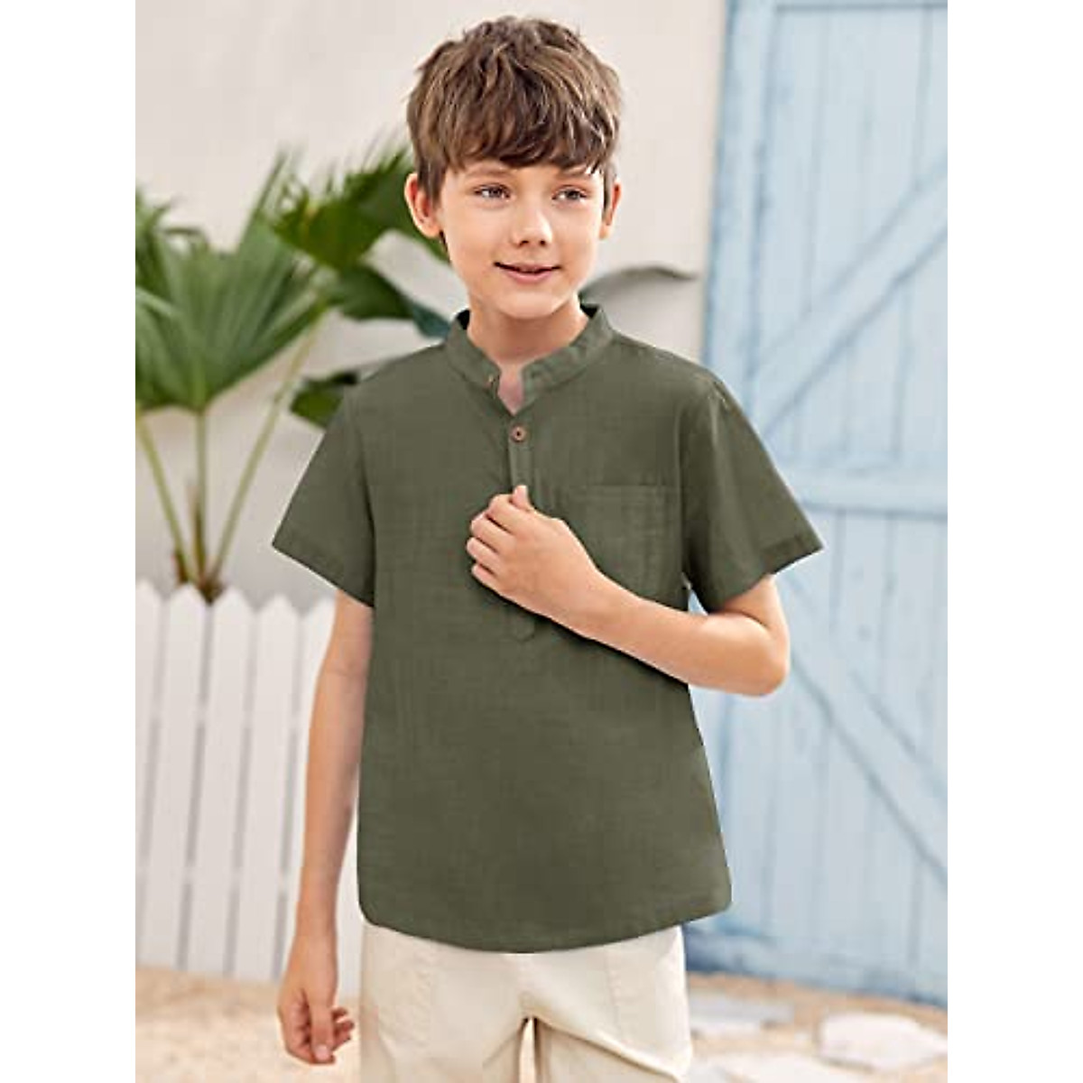 Inorin Boys Button Up Henley Shirt Short Sleeve Lightweight Summer Linen Cotton Dress Shirts Tees Tops with One Pocket Army Green