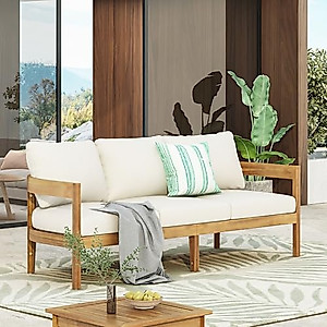 Merax 76.5" Outdoor 3 Seater Patio Sofa Acacia Wood Frame Conversation Set with Cushions