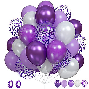 Purple Balloons Set, 60PCS Purple White Birthday Balloons, Metallic Purple Confetti Balloons Pearl Purple Latex Balloons Helium Wedding Party Balloons for Birthday Bridal Shower Baby Shower Supplies