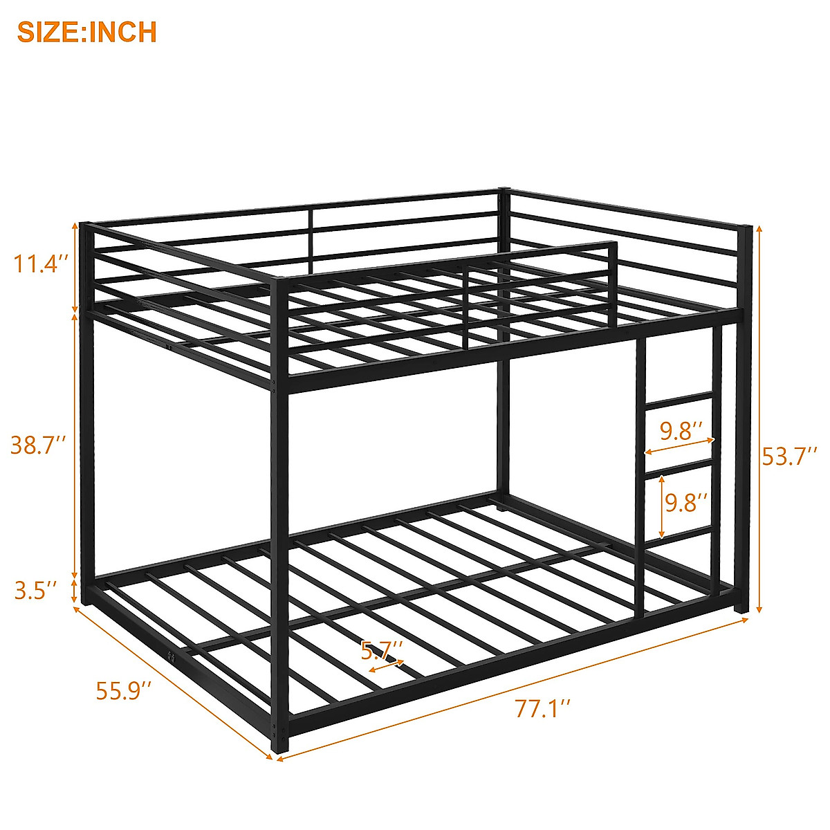 P PURLOVE Junior's Metal Bunk Bed Frame for Kids, Full Size Low Profile Floor Bunk Bed,Full Over Full Bunk Bed with Slat and Ladder,No Box Spring Need,Black