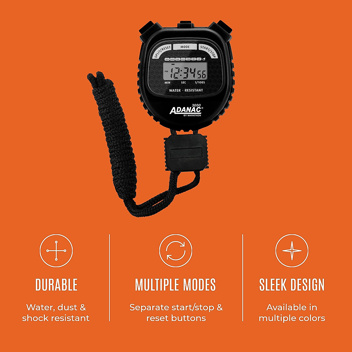 Marathon Adanac 3000 Digital Stopwatch Timer, Black - High Precision Accuracy to 1/100th Seconds - Water, Dust & Shock Resistant - 46” Lanyard Included