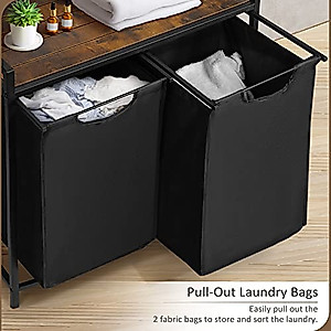Graciadeco Double Laundry Hamper 2 Compartment Laundry Sorter with shelf 2 Section Laundry Basket with 2 x 16 Gal Pull Out Removable Bags