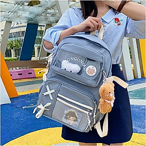 NUFR Kawaii Backpack With Kawaii Pin Kawaii Pendent Bear Kawaii Sticker Kawaii Bag Cute Mesh Lace (Blue)