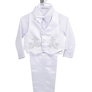 Dressy Daisy Baby Boy Satin Baptism Clothes Christening Outfit with Bonnet 5 Pieces Set Formal White Suit Size 6-9 Months Style A