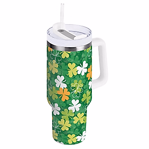 Bseiialft 40 oz Tumbler with Handle St Patrick's Day Shamrock Clovers Water Bottle with Lid and Straw Vacuum Insulated Cup Stainless Steel Travel Coffee Mug for Home Office Car