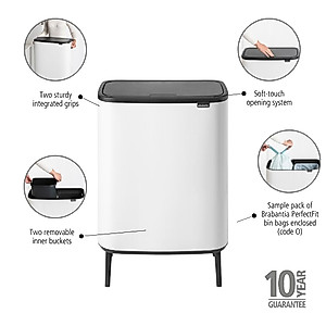 Brabantia Bo Hi Touch Top Trash Can - 2 x 8 Gal Inner Buckets (White) Waste/Recycling Garbage Can, Removable Compartments, Raised Legs