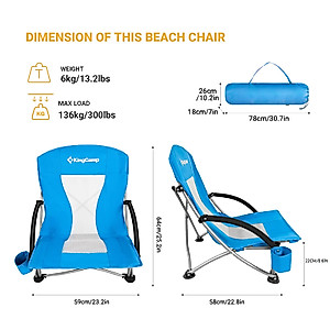 KingCamp Beach Chairs Foding Portable Lightweight Sand for Big Boy with Cup Holder,Carry Bag Padded Armrest for Outdoor Camping Lawn Concert Traveling Festival, Low Back, LowBack Blue 2