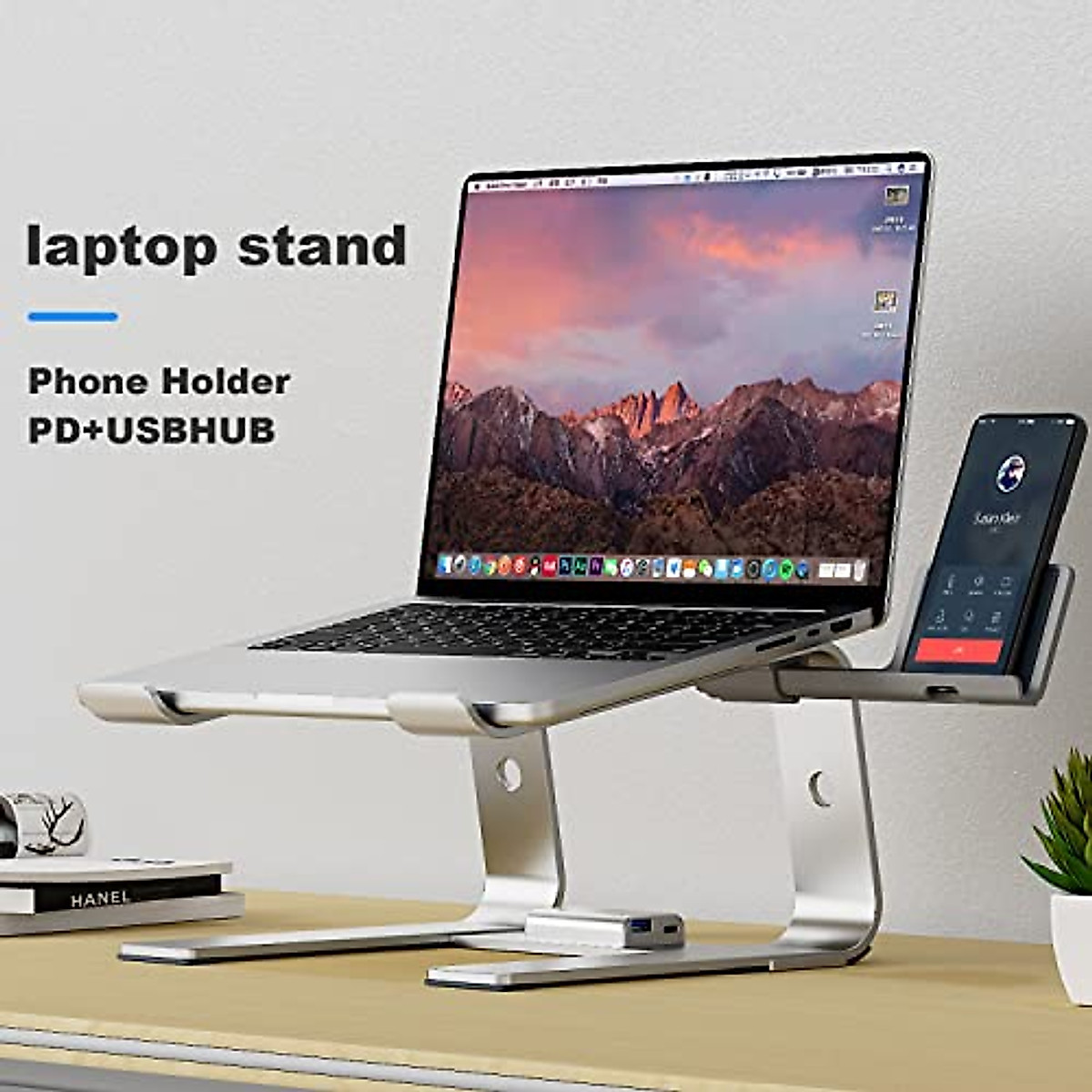 DXX Laptop Stand with Phone Holder, Aluminum Computer Riser, Ergonomic Laptops Elevator for Desk, Metal Holder Compatible with 10 to 15.6 Inches Notebook Computer
