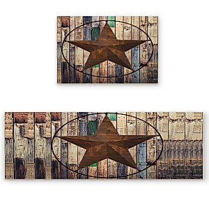 T&H XHome Anti Slippery Kitchen Mat Sets 2 Pieces-Western Texas Star Rustice Wood,Decor Modern Style Kitchen Rugs for Indoor Entrance 19.7x31.5IN+19.7x47.2IN