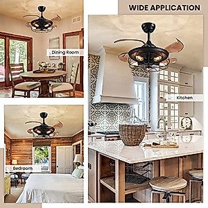 Siljoy 36” Farmhouse Ceiling Fan with Lights and Remote, Industrial Caged Retractable Ceiling Fan, 6 Wind Speeds Rustic Ceiling Fan for Patio Kitchen Bedroom Living Room, Black