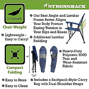 STRONGBACK Elite 2.0 Adult Camping Chair with Lumbar Support and Carry Bag, Navy/Grey