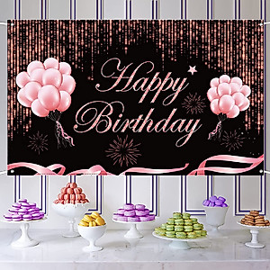 Happy Birthday Backdrop Banner Large Black and Rose Gold Glitter Sign Poster Photo Background for 30th 40th 50th 60th 70th 80th Birthday Party Decorations Supplies