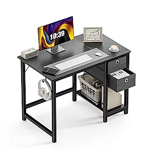 Sweetcrispy Small Computer Desk, 40X24 Inch Office Writing Work Study Gaming PC Table with 2-Tier Drawers Storage Shelf, Side Headphone Hook, Modern Simple Style for Home Bedroom, Black Wood