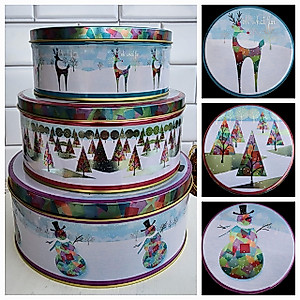 hadaaya Pack of 3 Round Tin Containers With Lids, Snowfall Themed Festive Cookie Tins For Cookies, Candies, Popcorn and many more | Tins For Gift Giving