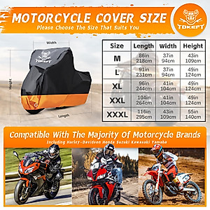 Tokept Motorcycle Cover, All-Season Waterproof Outdoor Sun Protection Fit up to 91 Inch Harley-Davidson Honda Suzuki Kawasaki Yamaha (L Black&Orange)