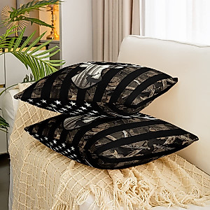 Camo American Flag Throw Pillow Cover,Deer Antlers Grey Camouflage Soft Reversible Print Cushion Cover for Bed Sofa,Wild Animal Branches Leaves Stars Square Couch Pillow Cover,20"x 20" Single Pack