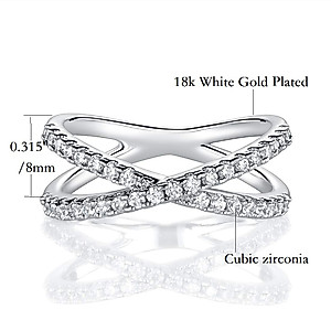 MDFUN 18K White Gold Plated Rhodium Cubic Zirconia Band Cross X Ring for Women Engagement Wedding (6.5)