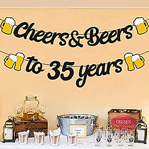 35th Birthday Decorations Cheers to 35 Years Banner for Men Women 35s Birthday Backdrop Wedding Anniversary Party Supplies Black Glitter Decorations Pre Strung