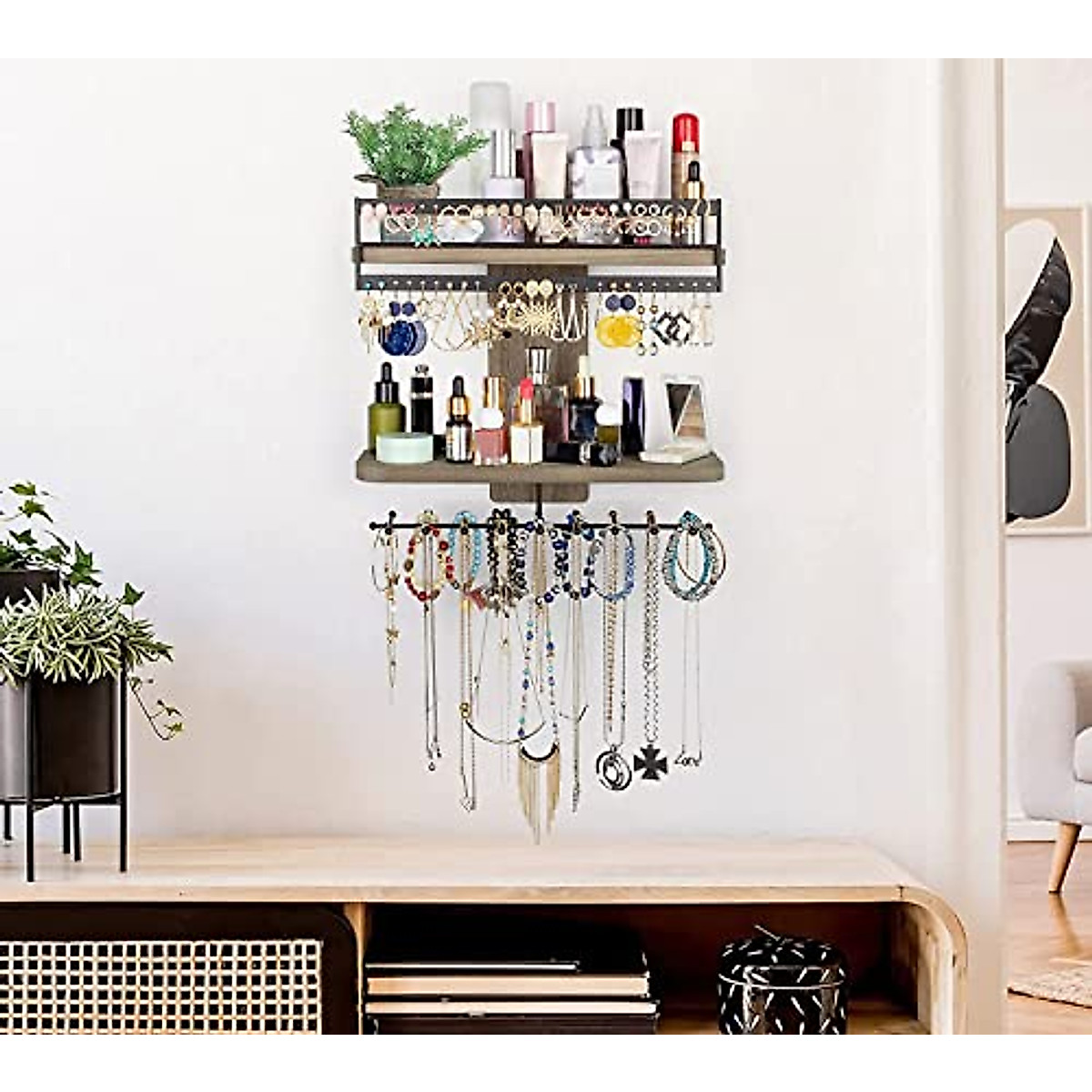 SOLIMINTR Jewelry Organizer Wall Mounted Skincare Product Organizer with Rod Rustic Wood Hanging Storage Shelves Rack Double-layer Holder Display for Necklaces Earrings Bracelet Ring Weathered Grey
