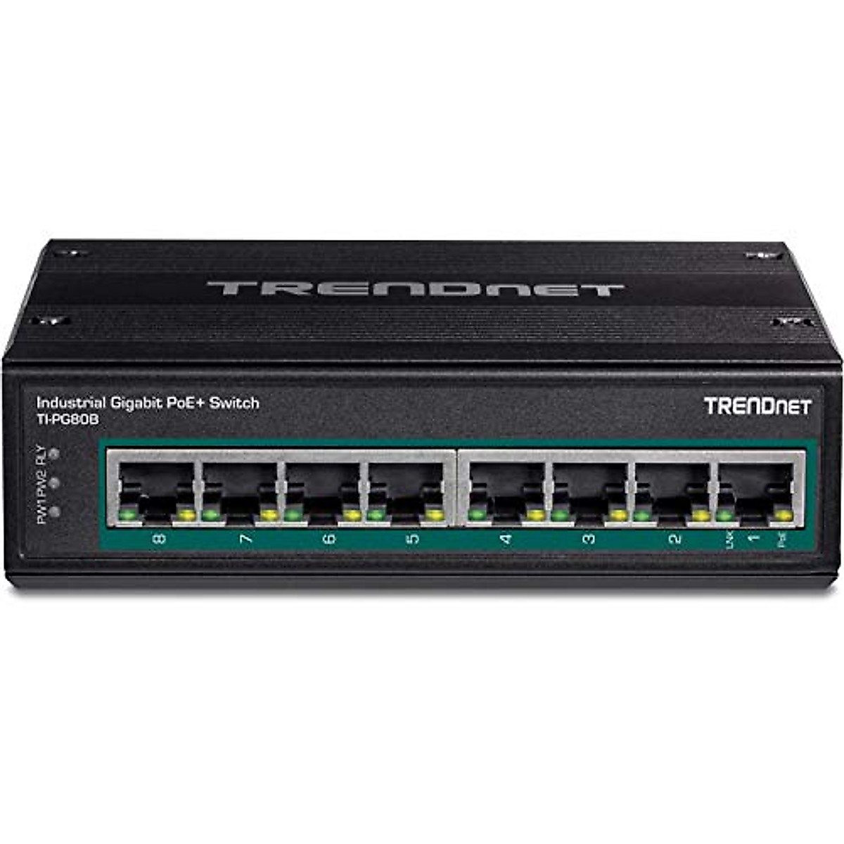 TRENDnet 8-Port Hardened Industrial Unmanaged Gigabit 10/100/1000Mbps DIN-Rail Switch w/ 8 x Gigabit PoE+ Ports, TI-PG80B, 24 – 56V DC Power inputs with Overload Protection, Lifetime Protection