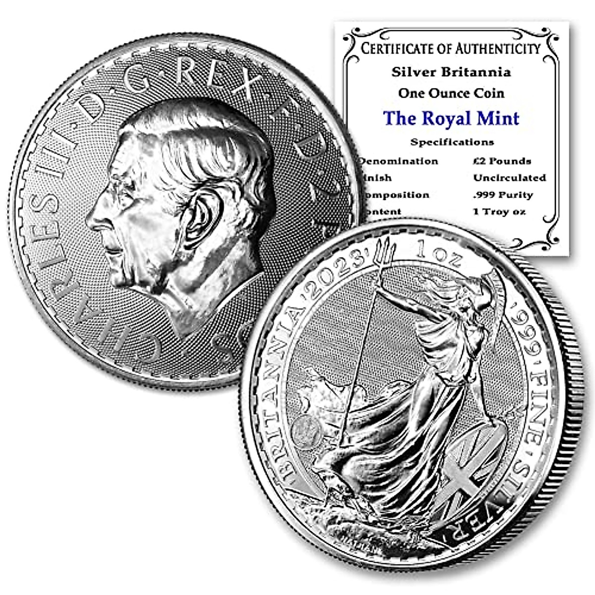 2023 1 oz British Silver Britannia Coin (King Charles III) by the Royal Mint Brilliant Uncirculated with Certificate of Authenticity £2 BU
